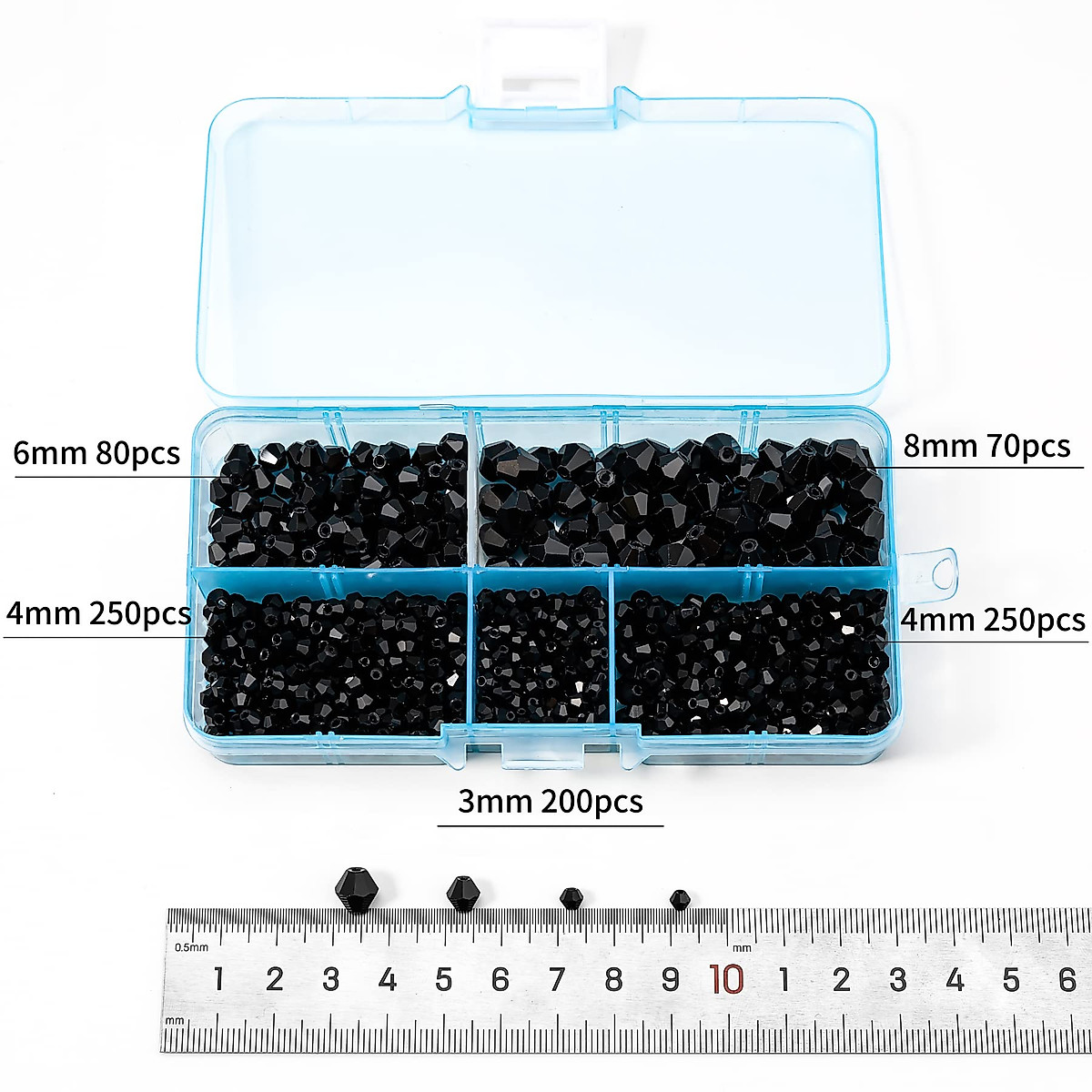 Bicone Crystal Beads for Jewelry Making, Lot 850pcs 3mm 4mm 6mm 8mm Black Faceted Bicone Shaped Glass Beads for DIY Craft Bracelets Necklaces Earrings Suncatcher Beading