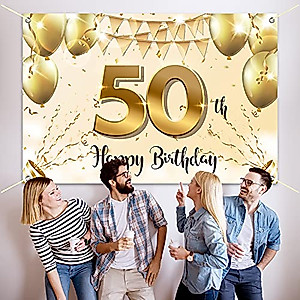 HAMIGAR 6x4ft Happy 50th Birthday Banner Backdrop - 50 Years Old Birthday Decorations Party Supplies for Women - White Gold