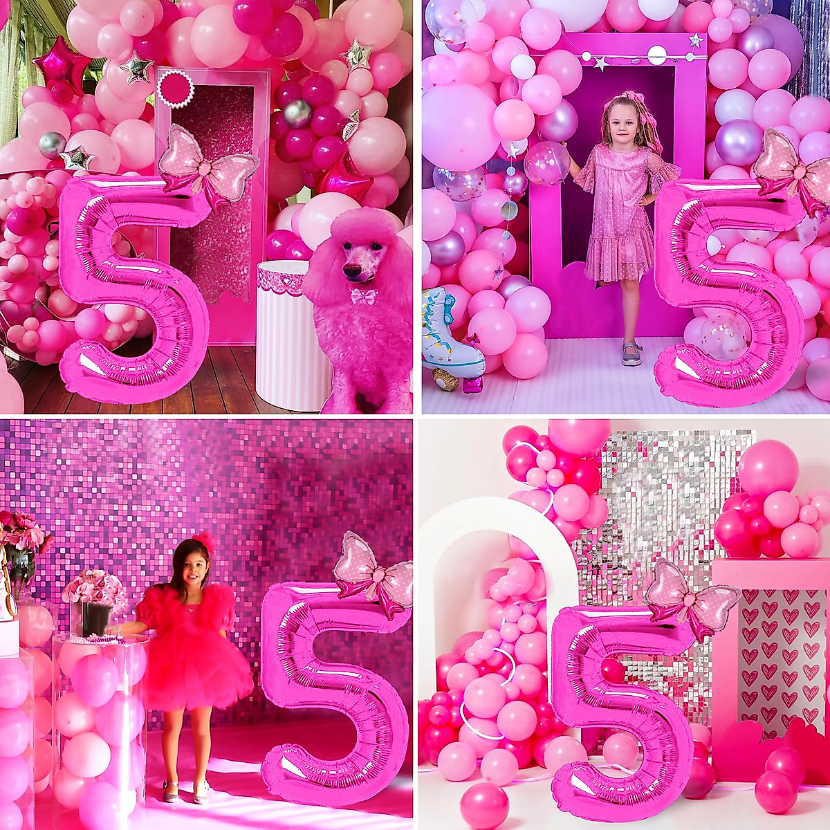 Cadeya Bow Number 5 Birthday Balloons, 40”Hot Pink Aluminum Foil Balloons for Girl 5th Birthday Party, Kids Theme Party Decoration Supplies