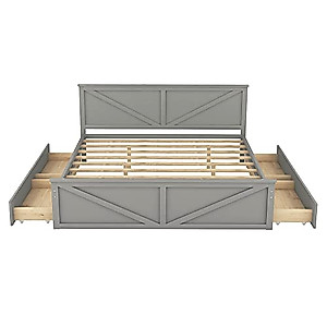 LCH King Size Platform Bed, Wooden Platform Bed Frame with 4 Storage Drawers and Support Legs, No Box Spring Needed, Grey