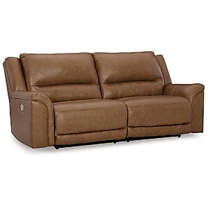 Signature Design by Ashley Trasimeno Contemporary Leather Match 2 Seat Power Reclining Sofa with Adjustable Headrest and USB Ports, Dark Brown