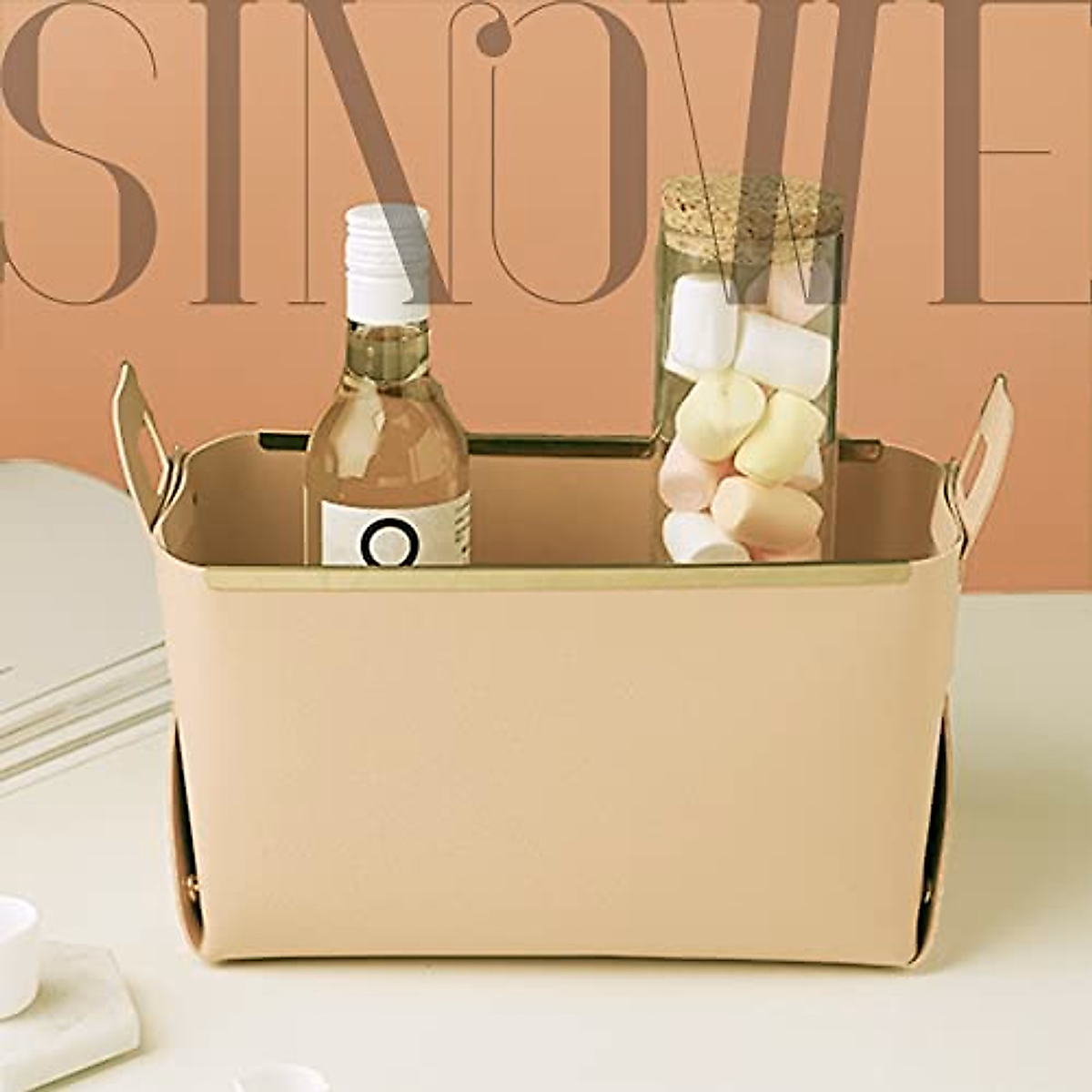 SINOWE Decorative Faux Leather Basket,Small Catchall Basket for Entryway Bedside Dresser End table,Collapsible Rectangle Tray Organizer Box (Nude)