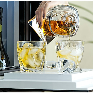 Bezrat Whiskey Glasses and Liquor Decanter set | (2) Crystal Bourbon Glasses with Matching Whiskey Decanter on beautiful wood tray | Glass Has a Sleek Square Twisted Bottom for Easy Handling