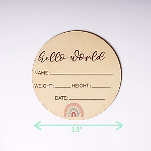 Birth Announcement Sign - Hello World Newborn Sign - Celebrate The Arrival of Your Baby with This Baby Annoucement Sign - Record Birth Details on This Round Wooden Disc - Baby Name Announcement Sign