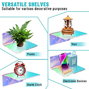 4 Pack Rainbow Iridescent Acrylic Floating Shelves for Wall Mounted - Durable Floating Shelf, Space Saving Display for Dazzling Home Decor, Living Room, Bedroom, Bathroom, Kitchen, Office & Kids Room