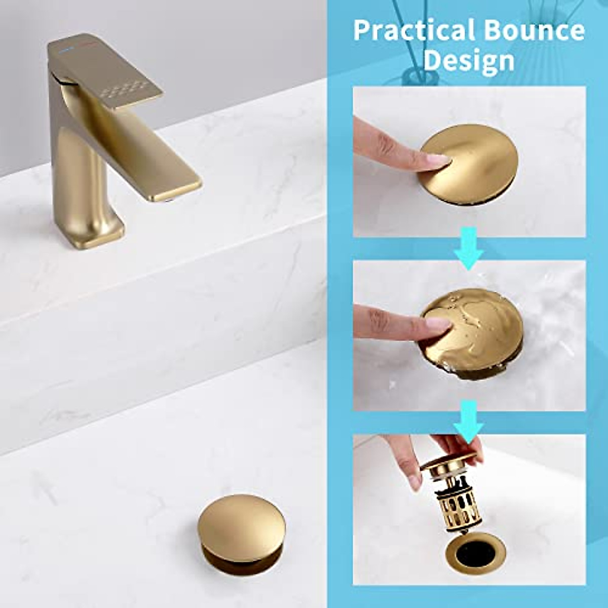 EAARSUO Bathroom Sink Pop Up Drain Without Overflow, Vessel Sink Drain with Detachable Filter Basket, Anti-Corrosion and Anti-Clogging Sink Pop Up Drain Stopper (Brushed Gold)