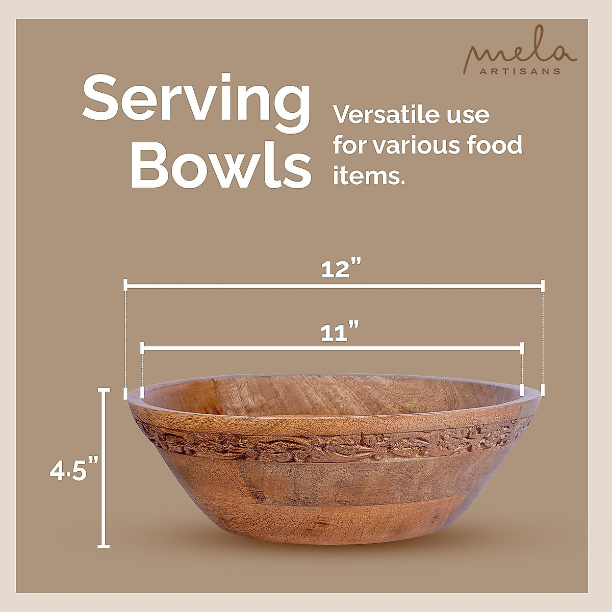 Jasmine Large Wooden Bowl (Medium Burnt, 12 x 4.5 x 11) – Mango Wood Decorative Bowl for Veggies, Fruits, & More – Handmade Wooden Serving Bowl w/ 3 Felt Pads - Modern Rustic Home Decorations