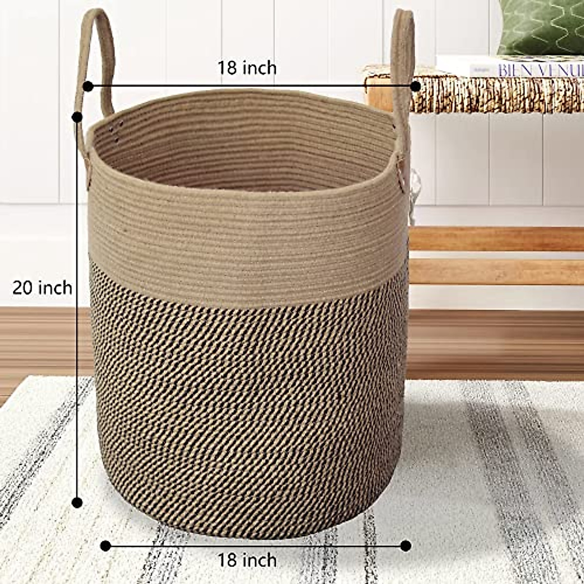 Jute Laundry Hamper Large Woven Rope Storage Basket with Handles 20' Height Tall 83L,Laundry Basket Decorative Basket for Living Room,Pillows,Clothes, 18'Wx20'H