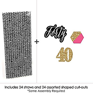 Chic 40th Birthday - Pink, Black and Gold Paper Straw Decor - Birthday Party Striped Decorative Straws - Set of 24