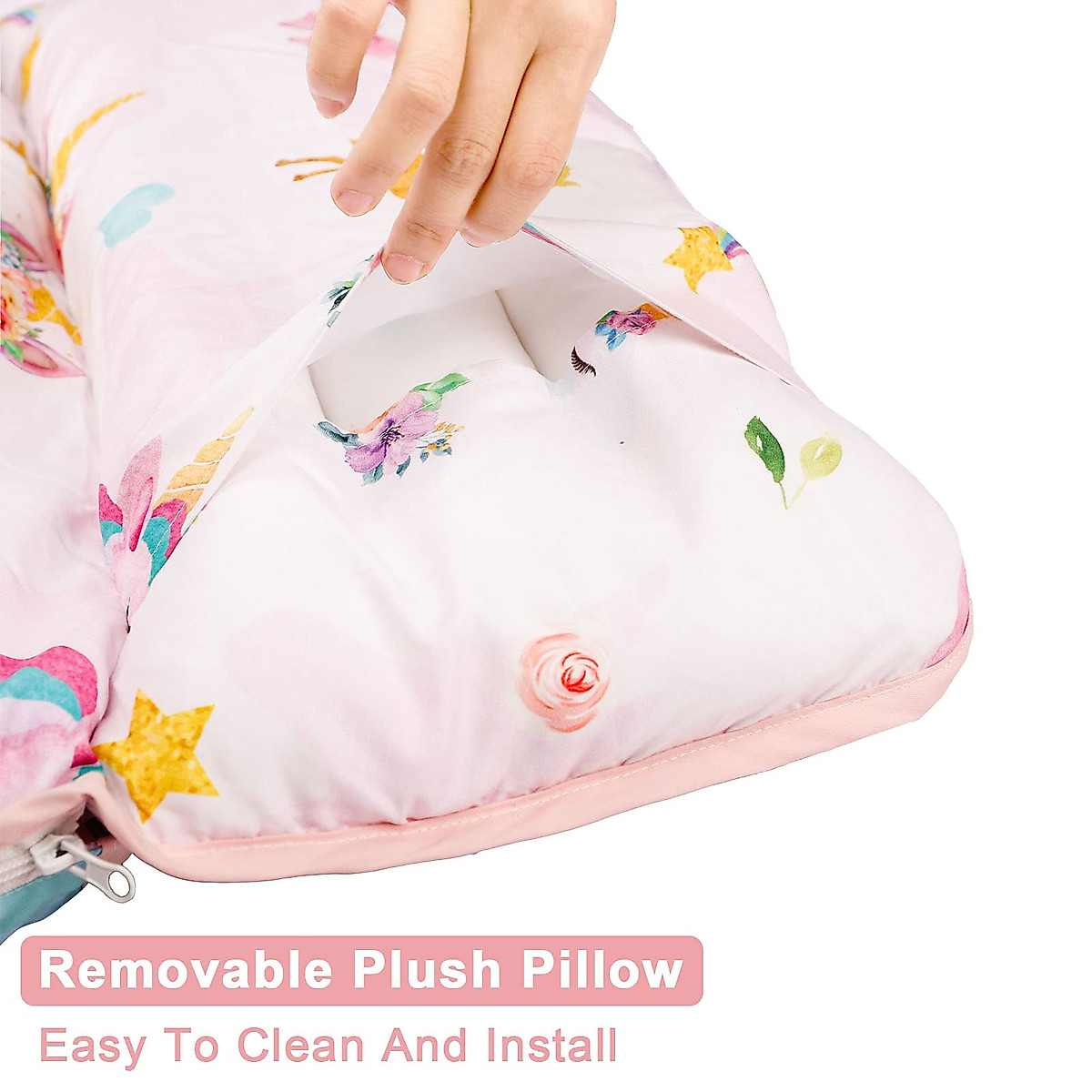 Toddler Nap Mat with Removable Pillow and Soft Dot Minky Blanket Pea Pod Kids Unicorn Napping Mats, Extra Large Rolled Slumber Bags for Girls Preschool, Daycare, Camping, 22 x 54inches Ages 3-7 Years