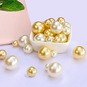 LWQYHTT Pearl for Vase Filler and Transparent Water Gels No Hole Pearl Beads for Wedding Centerpiece Home Table Decor, Pearls for Brush Holder 130PCS (Creamy White, Gold)