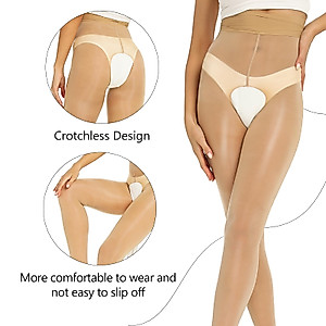 Yilanmy Shiny Sheer Tights Open Crotch pantyhose for Women High Waist shimmery tights Oil Shimmery Nylons 2 Pairs(Natural,L-XL)