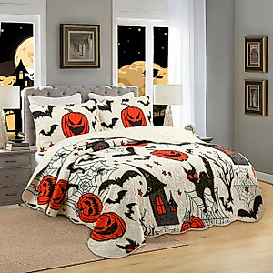 MarCielo Kids Halloween Themed Quilt Bedspread Set Pumpkins, Black Cats, Bats, Haunted Houses ME503 (Full)