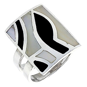 Sterling Silver Mother of Pearl Ring Rectangular Black & White 1 inch size 10