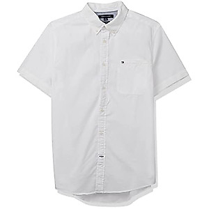 Tommy Hilfiger Men's Short Sleeve Button Down Shirt in Custom Fit, Bright White, Medium