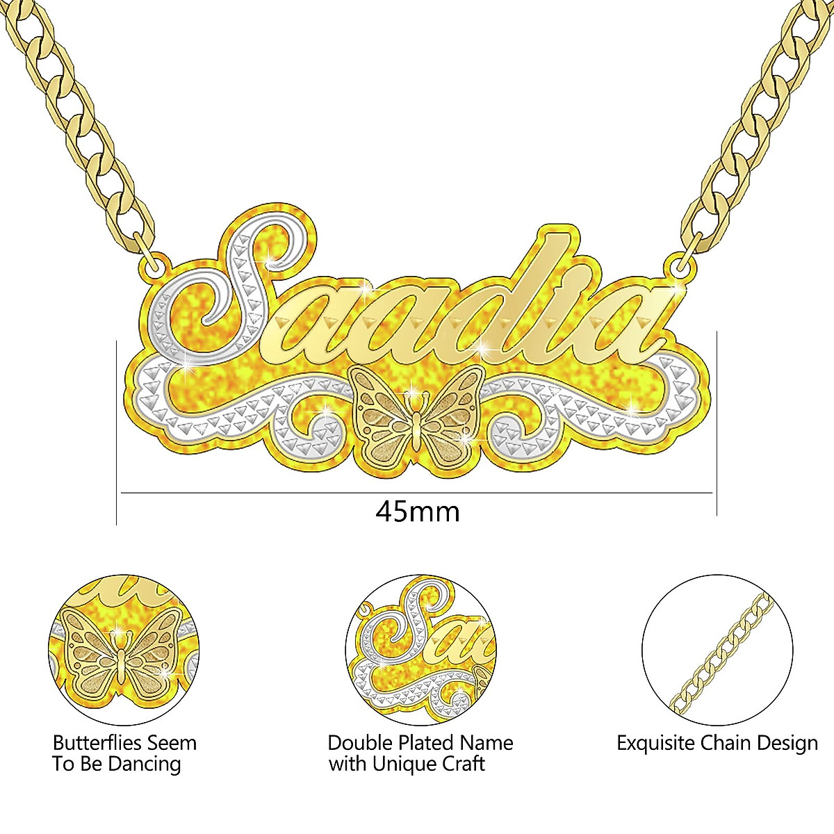 Personalized Butterfly Nameplate Necklace 18k Double Plate Custom with Any Name Letter Yellow Acrylic Board Dazzling and Stunning Gold Name Jewelry for Women Gift