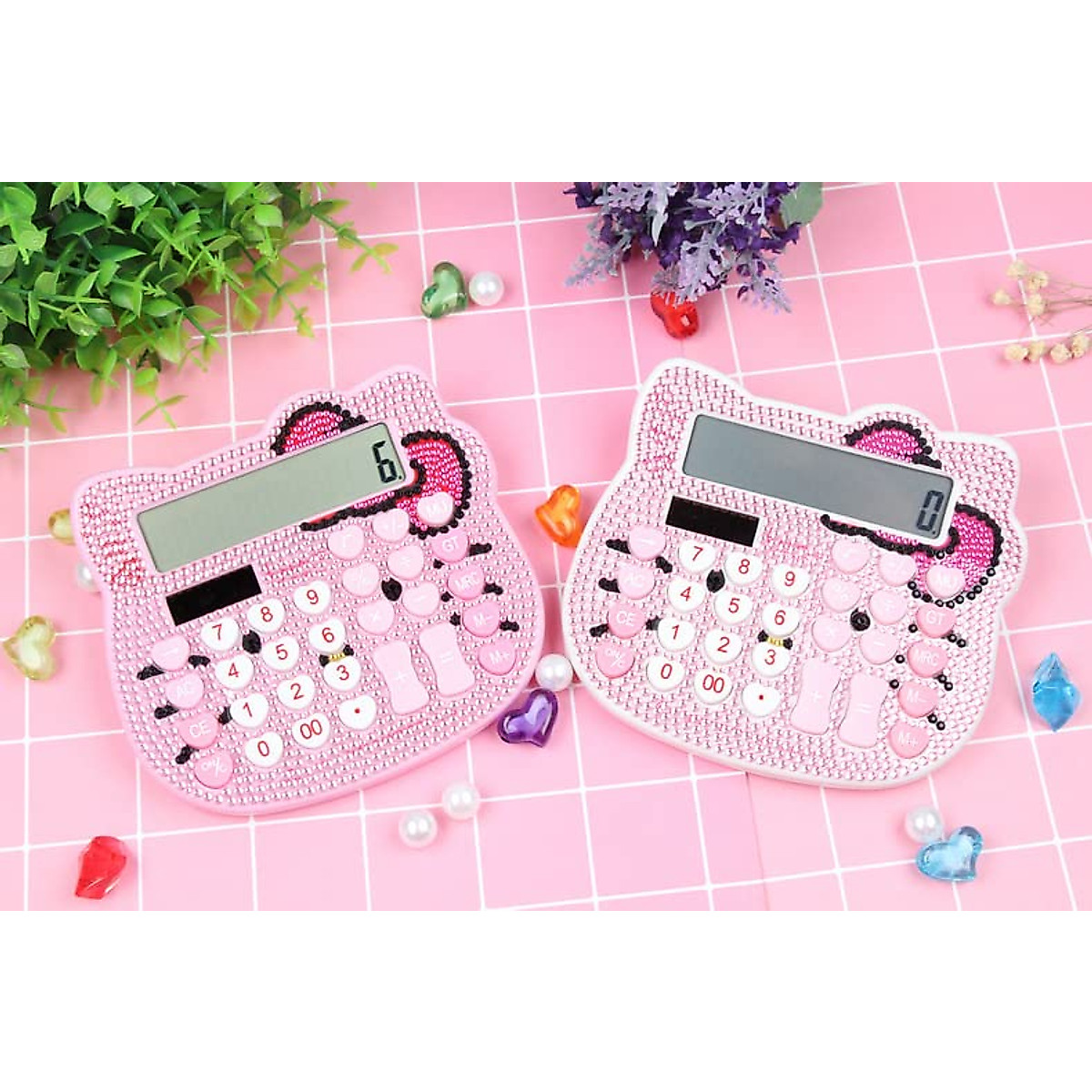 Cute Calculator Cat Crystal Calculator Girl and Women Pink Calculator Large LCD Display Dual Drive by Solar Energy and Battery for School Office Home(5.5Inch *4.9Inch)
