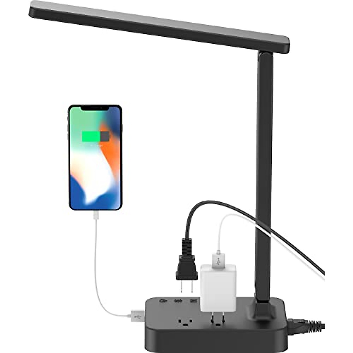 Drevet LED Desk Lamp, Desk Light with 1 USB Charging Port and 2 AC Power Outlet, 3 Lighting Modes, 3 Level Brightness,1H Timer, Touch Control, Eye-Caring Home Office Foldable Table Lamp (Black)
