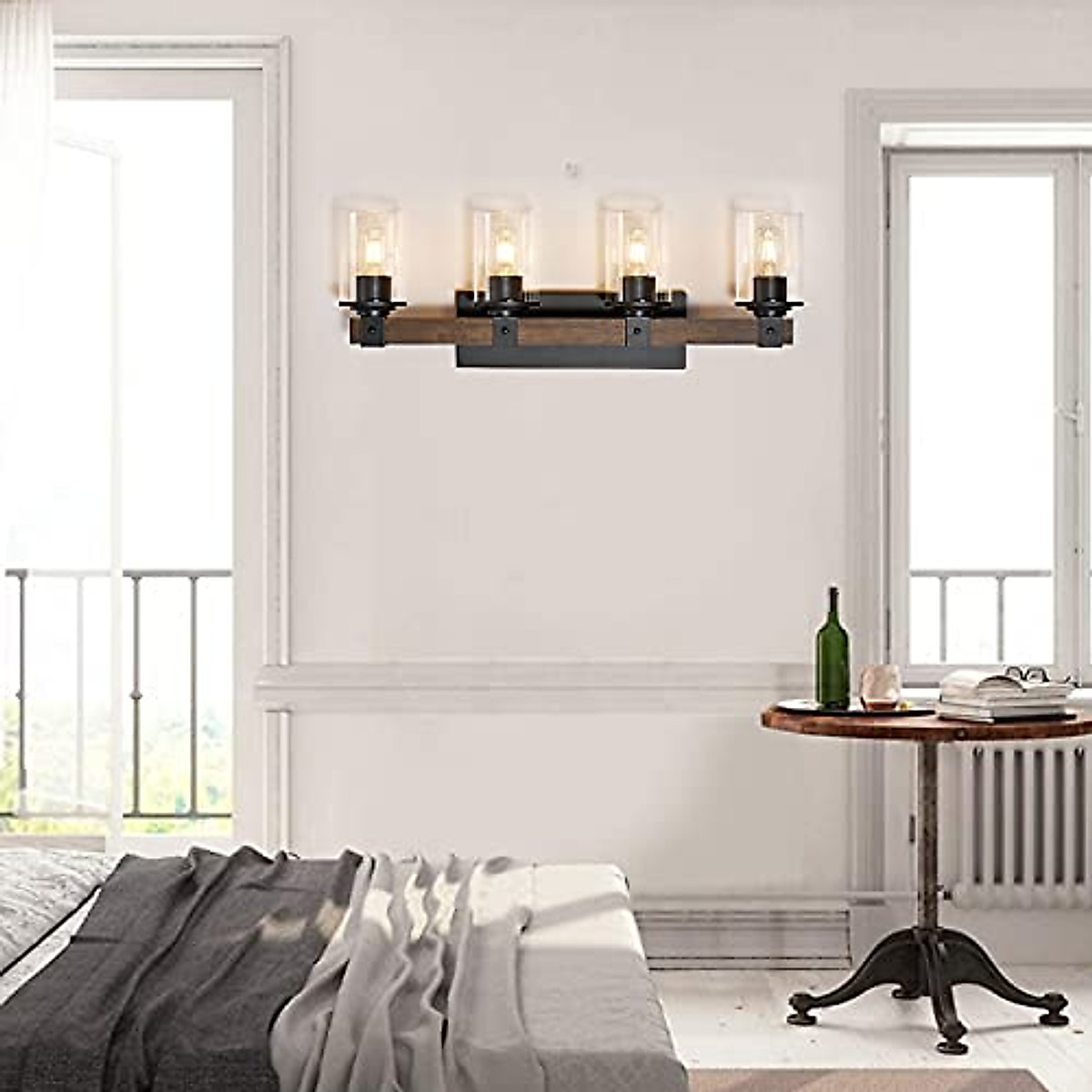 Farmhouse Rustic Bathroom Lighting Fixtures Over Mirror, Vintage Wood Vanity Lighting with Clear Glass, 4-Light Modern Industrial Wall Lamp for Bedroom,Living Room,Hallway