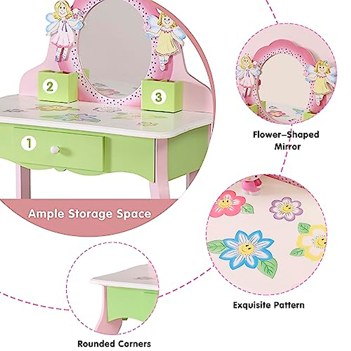HILIROOM Kids Vanity Set with Mirror and Stool, Girls Makeup Vanity Wooden Dressing Table with Drawer, Princess Vanity Table and Chair Set, Pretend Play Vanity Set for Little Girls