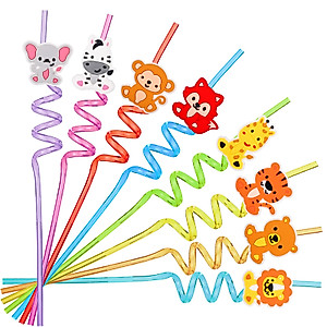 24 Pieces Jungle Animal Plastic Straws Reusable Drinking Straws Jungle Safari Straws Woodland Party Favor Kids Cute Straws with 2 Cleaning Brushes for Baby Shower Birthday Party Supplies, 8 Styles