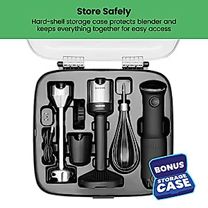 CHEFMAN Cordless Portable Immersion Blender 5-in-1 Blender Set, Ice Crushing Power with One-Touch Speed Control, Comes with Potato Masher, Whisk, Chopper, Beaker, and Storage Case, Stainless Steel