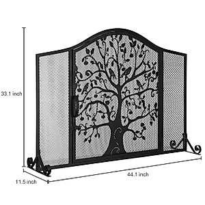 MyGift Black Wrought Iron Fireplace Screen Door with Silhouette Tree & Bird Design