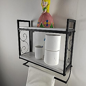 SISSY 2-Tier Metal Industrial 23.6'' Wall Mounted Shelves with Towel Bar,Rustic Bathroom/Kitchen/ Living Room Shelves Wall Mounted Shelf,Storage Rack with Towel Bar,Black (SISSYA1)