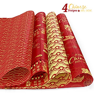 New Year Wrapping Paper Set, 12 Sheets Chinese New Year Wrapping Paper 4 Style Red and Gold Gift Wrap New Year Birthday Party Decoration New Year Gift Wrap for Chinese New Year Decorations 20'' x 27''
