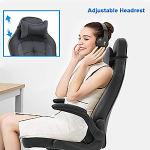 BestOffice PC Gaming Chair Ergonomic Office Chair Desk Chair with Lumbar Support Flip Up Arms Headrest PU Leather Executive High Back Computer Chair for Adults Women Men (Grey)