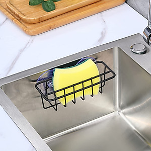 TESOT Sink Caddy Sponge Holder for Kitchen Sink Dish Cloth Hanger 2 Suspension Options(Suction Cups and Adhesive Hook), SUS304 Stainless Steel, Black