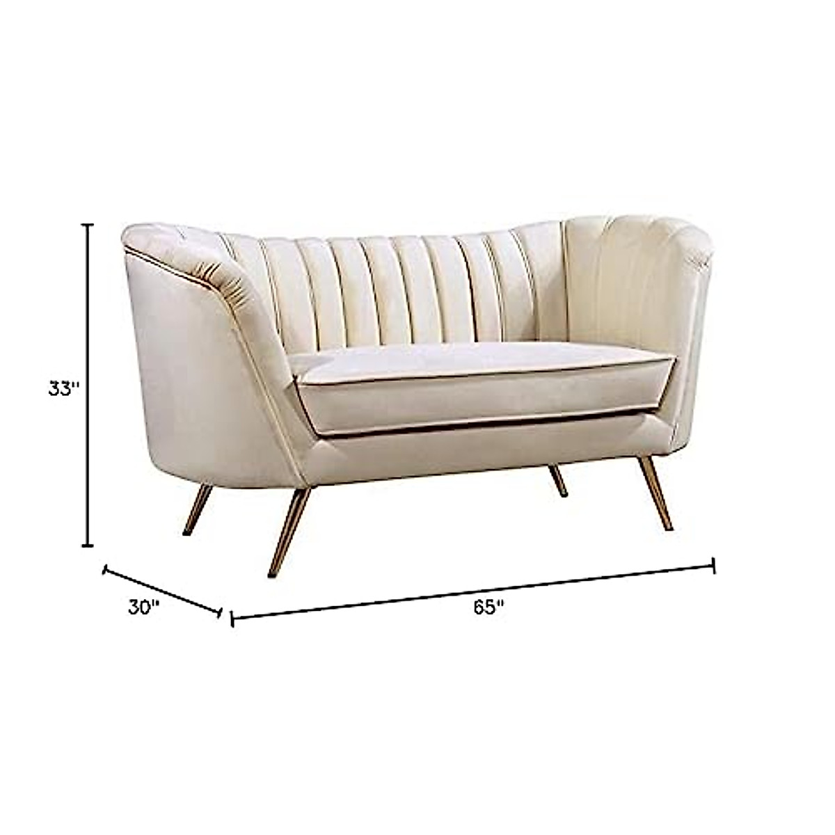 Meridian Furniture Margo Collection Modern | Contemporary Velvet Upholstered Loveseat with Deep Channel Tufting and Rich Gold Stainless Steel Legs, Cream, 65" W x 30" D x 33" H