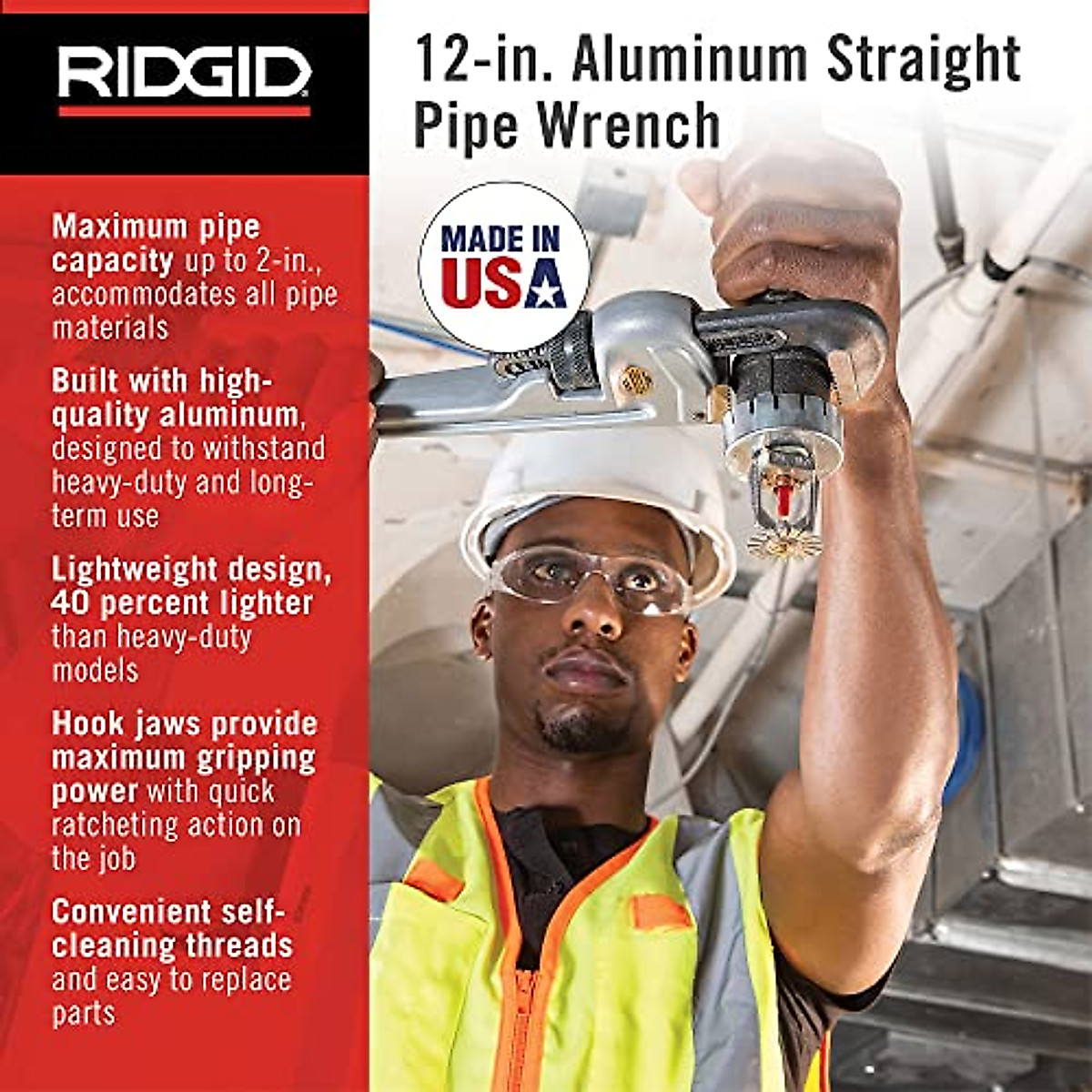 RIDGID 47057 Aluminum Straight Pipe Wrench, 12" Sturdy Plumbing Wrench with Self Cleaning Threads and Hook Jaws