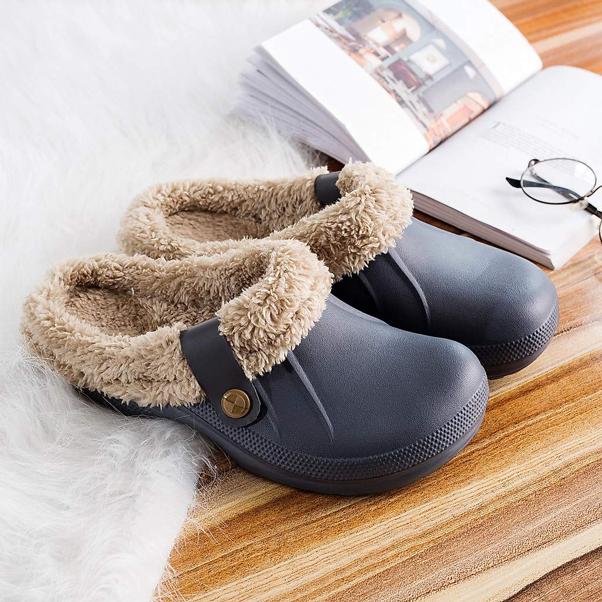 TooTu Waterproof Slippers Women Men Plush Lined Clogs Winter Garden Shoes Warm House Slippers Indoor Outdoor Grey