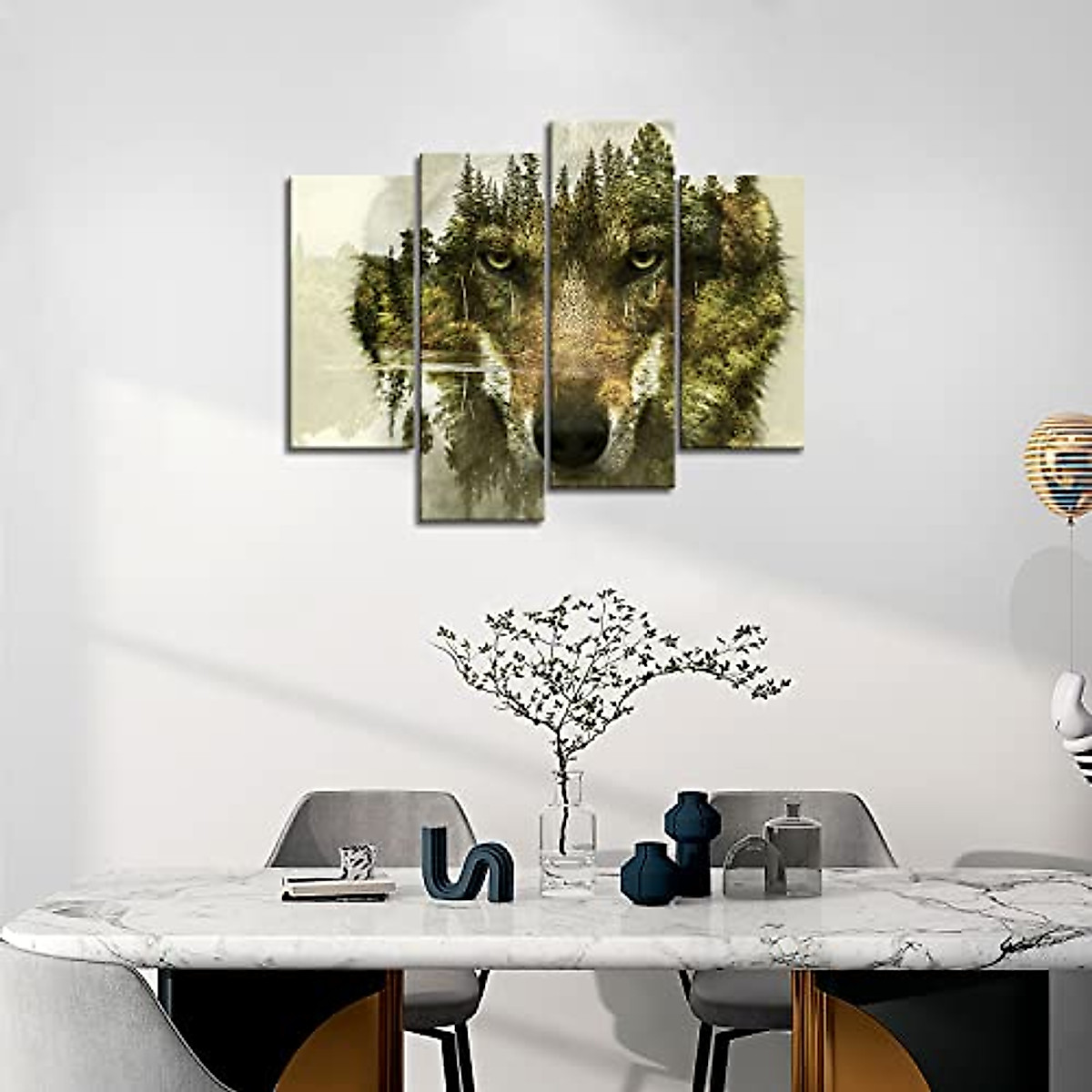 Wolf 4 Pieces Modern Canvas Painting Wall Art The Picture for Home Decoration Wolf Pine Trees Forest Water Wolf Animal Print On Canvas Giclee Artwork for Wall Decor