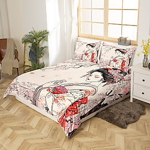 Feelyou Kids Japanese Geisha Bedding Set King Size Boys Girls Cherry Blossoms Comforter Cover Set Japanese Style Duvet Cover Japanese Tradition Aesthetic Bedspread Cover (No Comforter)