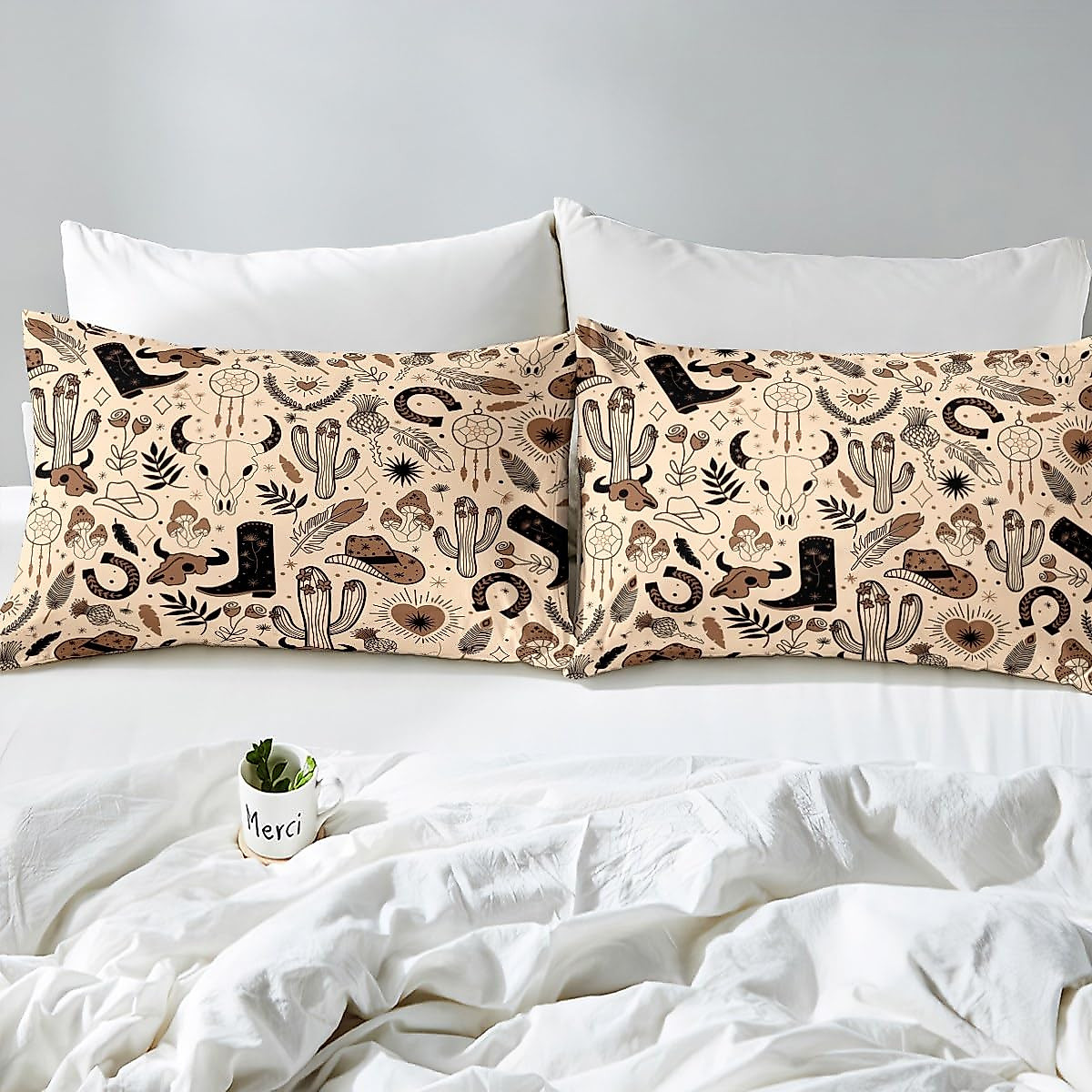 Manfei Cowboy Sheet Set King Size, American Western Bedding Set for Kids Teens Room Decor, Retro Skull Cowboy Boots Hats Bed Sheet Set 4pcs with Deep Pocket Fitted Sheet + Flat Sheet + 2 Pillowcases