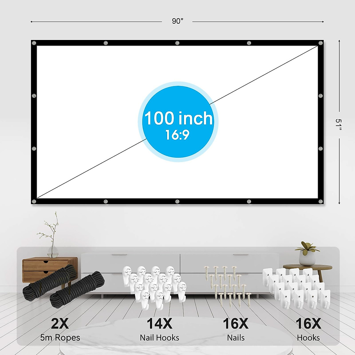 Frocopo 100 inch Projection Screens, Double Sided Washable Outdoor Projection Screen, 16:9 Foldable Anti-Crease Portable Projector Movies Screens for Camping Party, Home Theater, Office