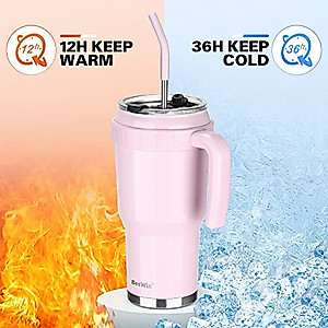 BesWin 40 oz Tumbler with Handle and Straw, Stainless Steel Vacuum Insulated Tumbler with Straw Lid - Travel Coffee Mug Iced Coffee Cup - Keeps Cold for 36 Hours, Leakproof - 40 oz, Pale Pink