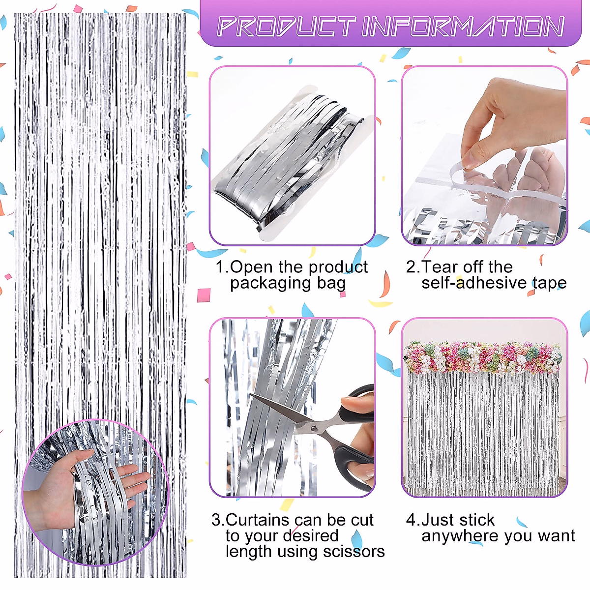 20 Pcs Foil Curtains Fringe Curtains 3.28 x 8.2 ft Metallic Tinsel Backdrop Curtains for Party Photo Backdrop Wedding Birthday Party Baby Shower Bridal Shower Photo Booth Decor (Silver)