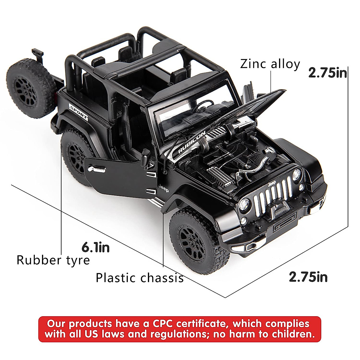 BDTCTK Compatible for 1:32 Wrangler Model Car, Zinc Alloy Pull Back Toy Car with Sound and Light for Kids Boy Girl Black