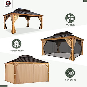 YOLENY 12'x16' Hardtop Gazebo, Wood Grain Aluminum Frame Outdoor Gazebo with Double Galvanized Steel Roof, Permanent Metal Pavilion with Curtains and Nettings for Patio, Backyard, Deck and Lawns