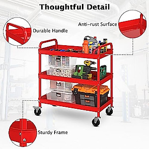 Goplus Service Cart, Heavy Duty 3-Tier Utility Cart with Flat Handle, 2 Lockable Universal Wheel, 400 lbs Capacity, Rolling Tool Cart for Garage, Kitchen, Hotel, Office, Workshop, Restaurant
