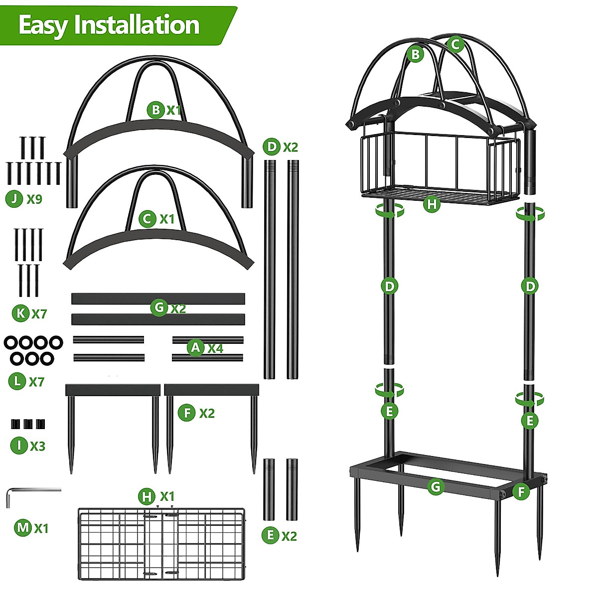 LIONONLY Garden Hose Holder, Freestanding Heavy Duty 4 Spikes Water Hose Holder with Storage Basket, 100-Feet Hose Hanger, Detachable Garden Hose Storage Hose Stand for Outside Yard, Black