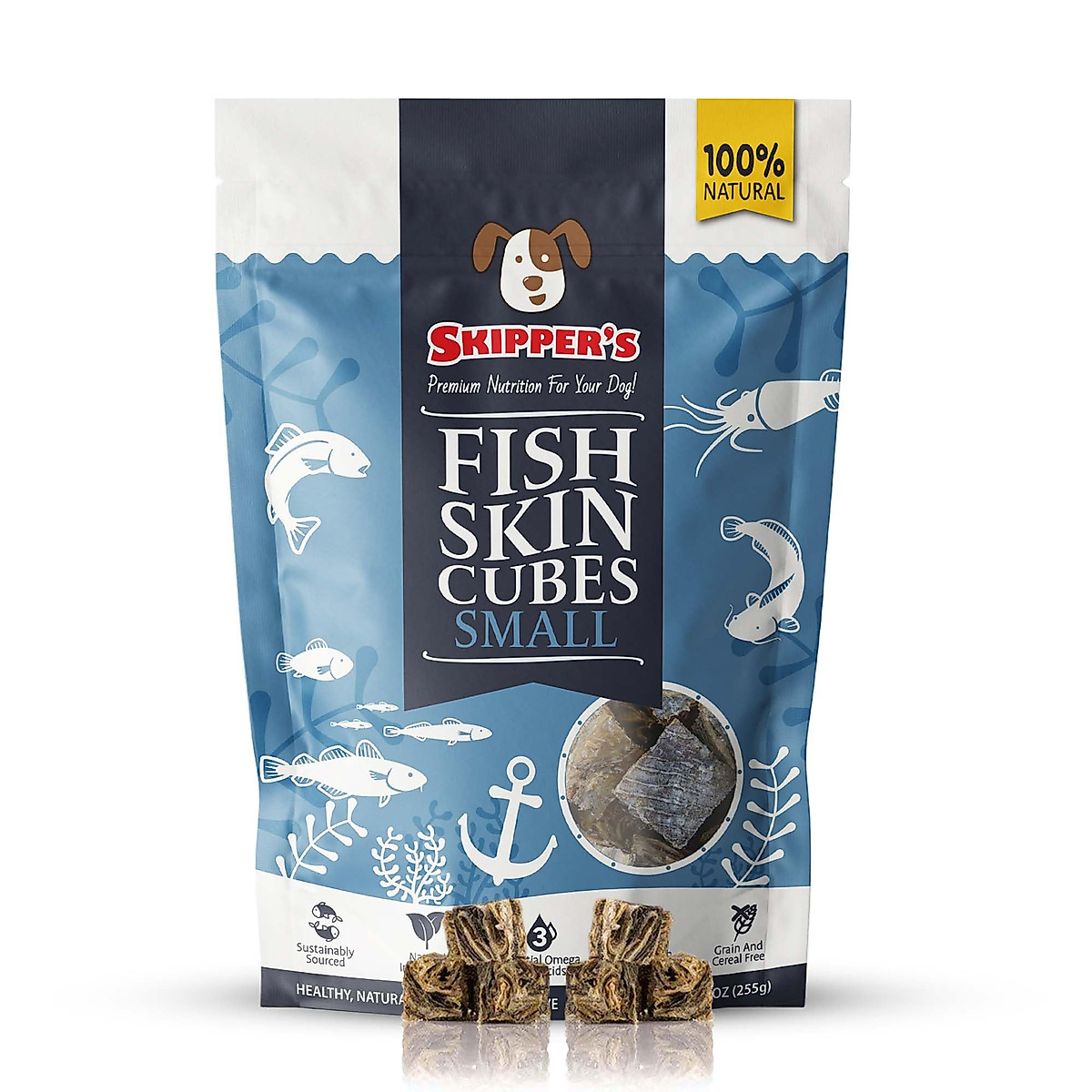 SKIPPER'S Cod Fish Skin Small Jerky Cubes - Gently Air Dried Single Ingredient Cod Skin Dog Treats, Rich in Omega 3 & Grain Free Crunchy Bites, Hypoallergenic & Gluten Free | Great for Teeth (9 Oz)