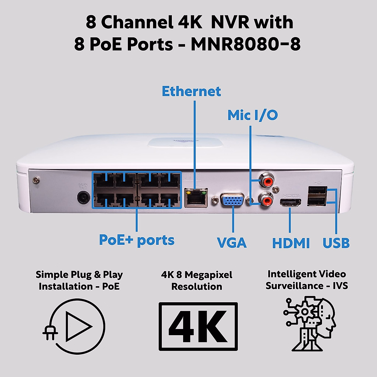 Montavue UltraHD Security Camera System, 6pcs 4K 8MP IP PoE Turret Cameras, 8ch POE NVR, IP67 Weatherproof, 100ft IR Night Vision, Built-in Mic, IVS, Motion Detection, 2TB Pre-Installed Hard Drive
