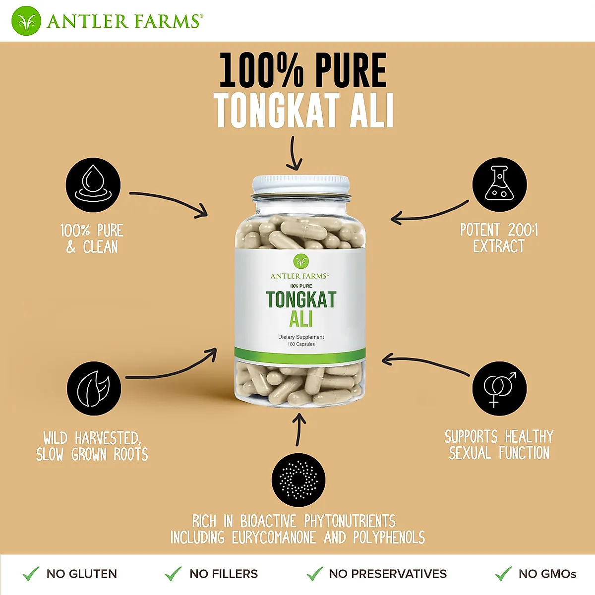 Antler Farms - 100% Pure Tongkat Ali Extract 200:1, 180 Capsules, 500mg - Eurycoma Longifolia Slow Grown Aged Roots from Indonesia – Men’s Health Support, Vegan, Gluten, Soy and Dairy Free