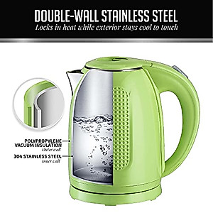 Ovente Portable Electric Kettle Stainless Steel Instant Hot Water Boiler Heater 1.7 Liter 1100W Double Wall Insulated Fast Boiling with Automatic Shut Off for Coffee Tea & Cold Drinks, Green KD64G
