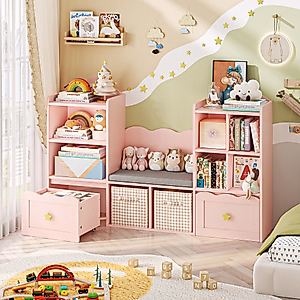 FACBOTALL Kids Bookshelf with Reading Nook, Kids Bookcase with Soft Cushion Seat, 2 Wheels Drawers and 8 Storage Cubbies, Toy Storage Organizer for Kid's Room Playroom, Bedroom, School, Pink