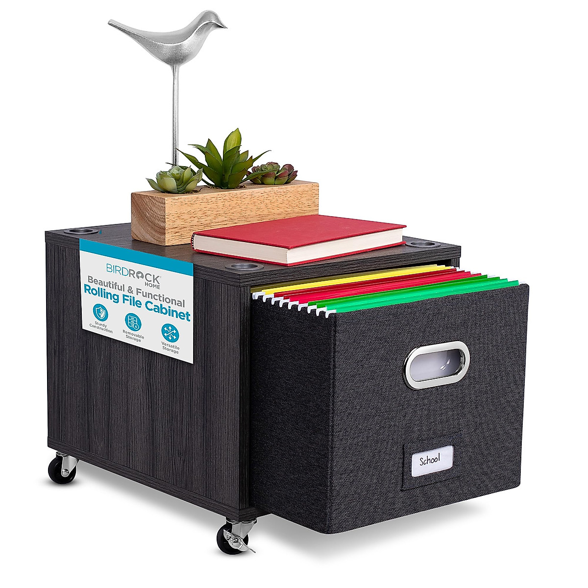 BIRDROCK HOME Rolling File Cabinet with 1 Lateral Drawer – Decorative Storage Shelf for Blankets, Books, Files, Magazines, Toys, etc – Removable Bin with Handles – Under Desk Office Organizer